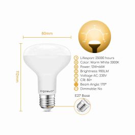 Aigostar Lampadina LED E27 12W, R80 Lampadine, Luce Calda 3000K 1170Lumen, Angolo a Fascio 170 ...